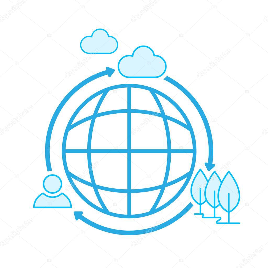 Globe icon surrounded with cycle arrow, human, plant and cloud symbols ...