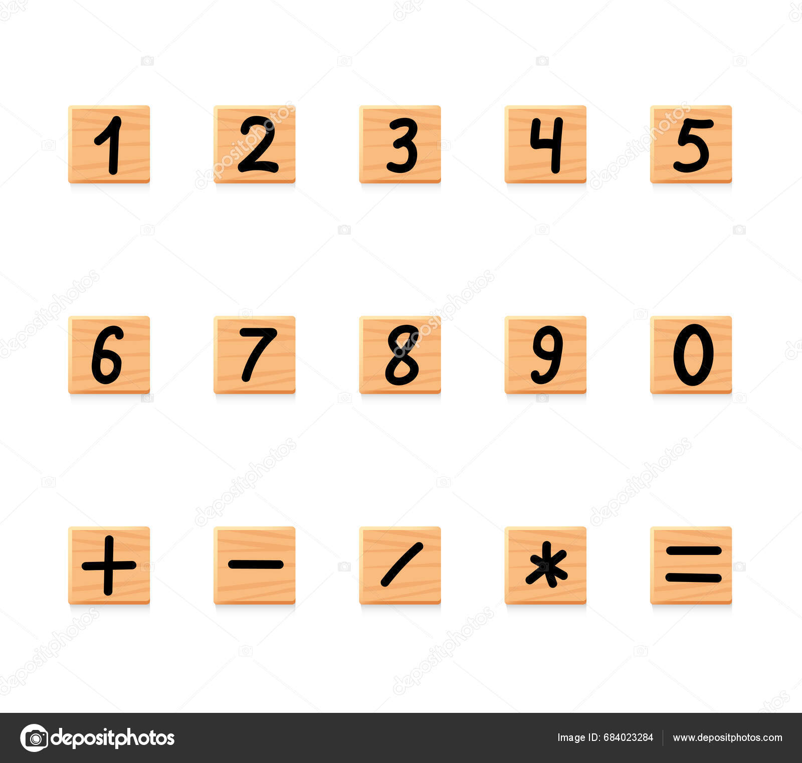 Wooden Tiles Numbers Square Block Math Symbols Game Asset Educational ...