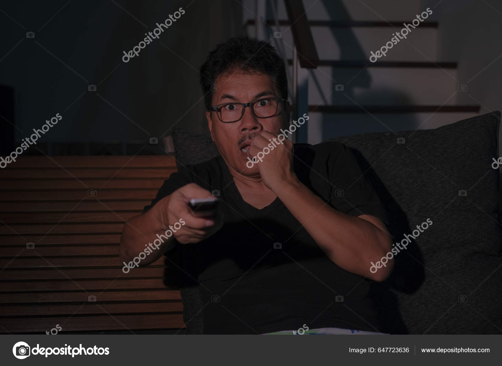 Facial Expression Scared Man Watching Movie Dark Stock Photo by ©simon ...