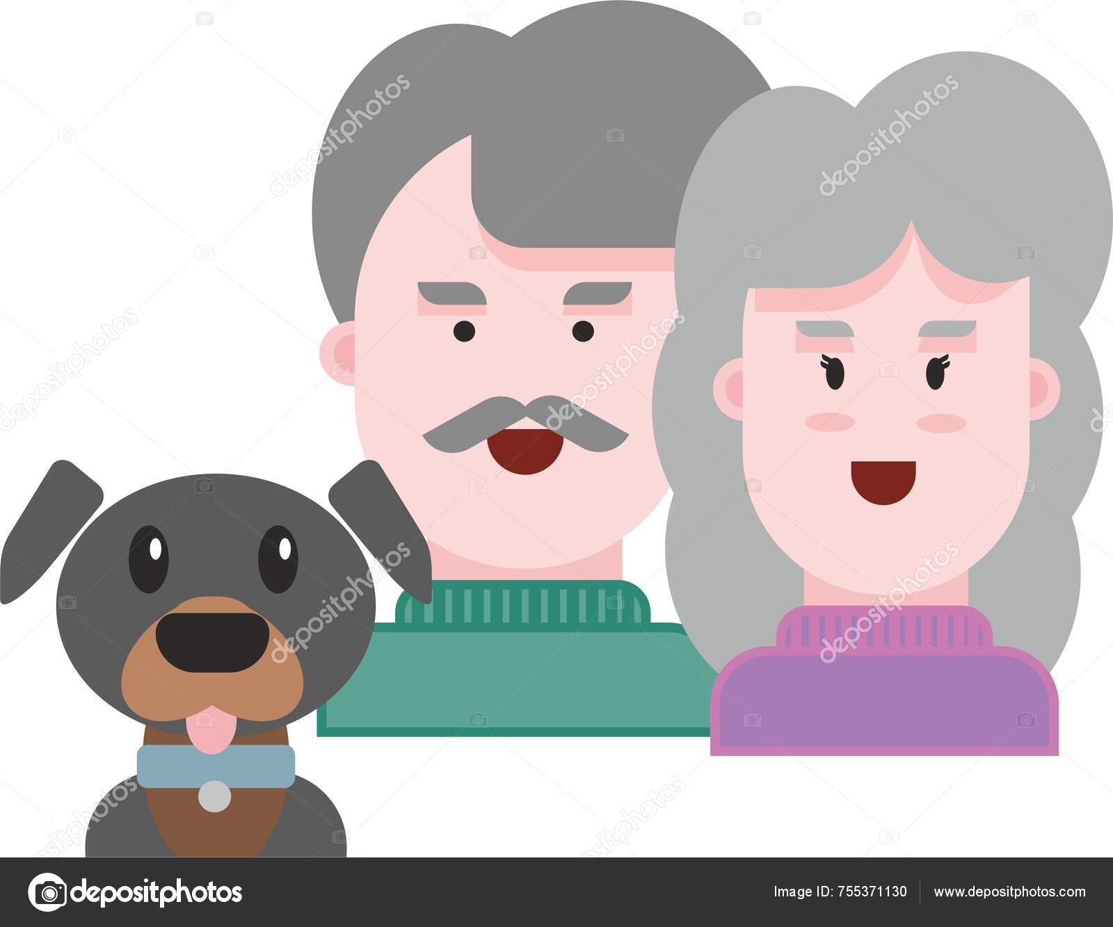 Illustrazione Design Piatto Una Coppia Anziani Con Cane Vista Frontale ...