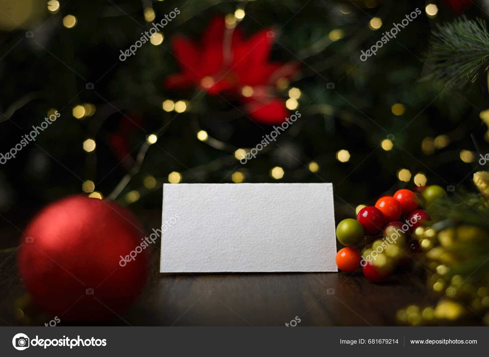 Prázdná Pozvánka Dřevěný Stůl Vánočními Ozdobami Prázdná Maketa Vizitky ...