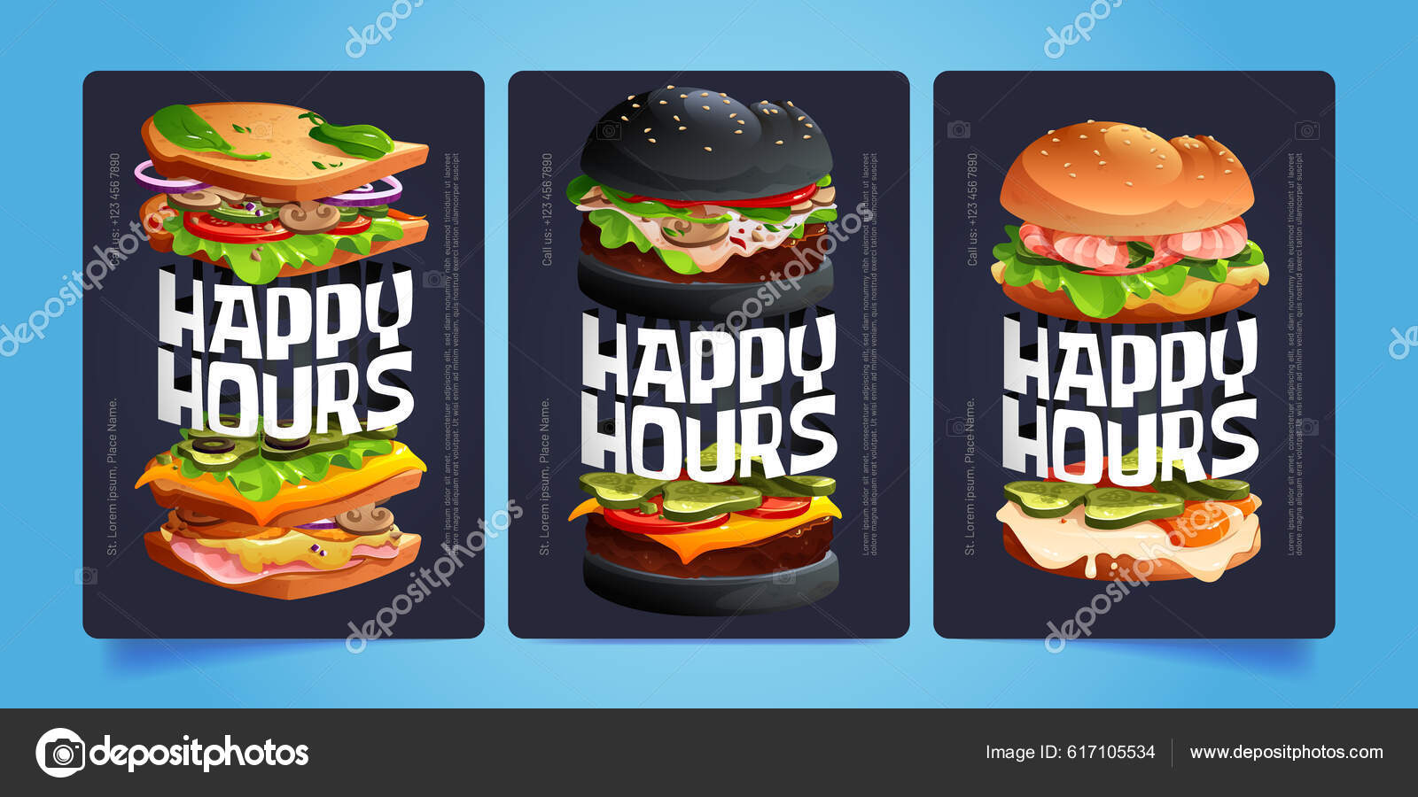 Cartoon Set Happy Hours Promo Flyer Templates Fast Food Restaurant ...
