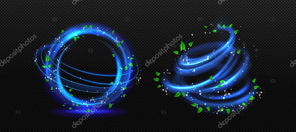 Efecto frescura, aire azul o flujo de viento con hojas verdes. Circulo ...