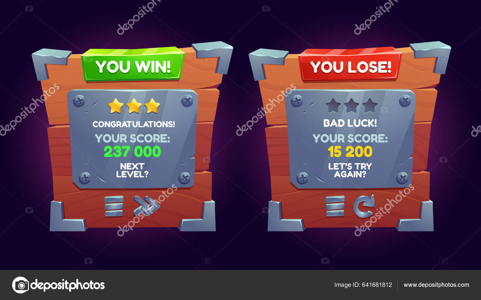 Win Lose Game Screen Design Wooden Winner Panel Score Steel Stock ...
