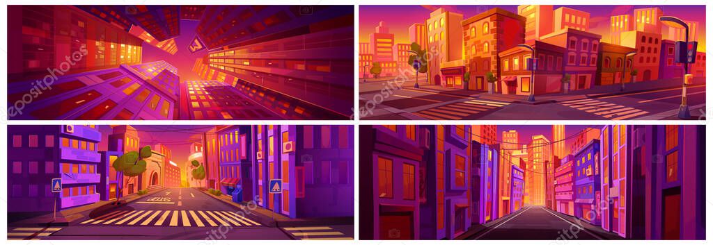 Dibujos animados ciudad puesta del sol vibrante juego conjunto de ...