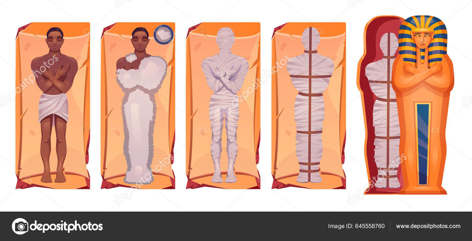 Cartoon Set Mummification Process Steps Isolated White Background ...