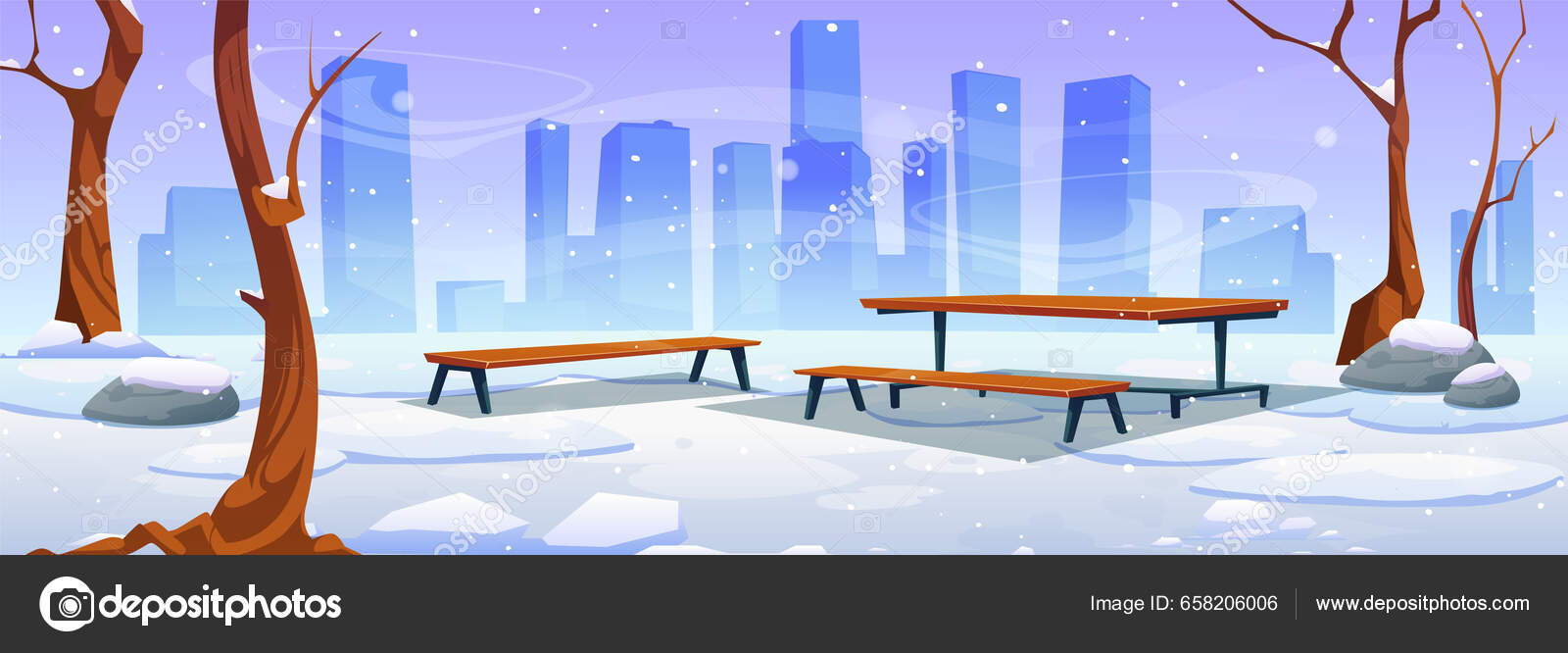 Snowy Winter Urban Park Vector Cartoon Illustration Public Garden ...