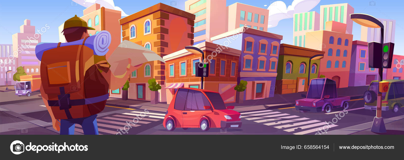 Man Map Explore City Street Cartoon Vector Background Road Intersection ...