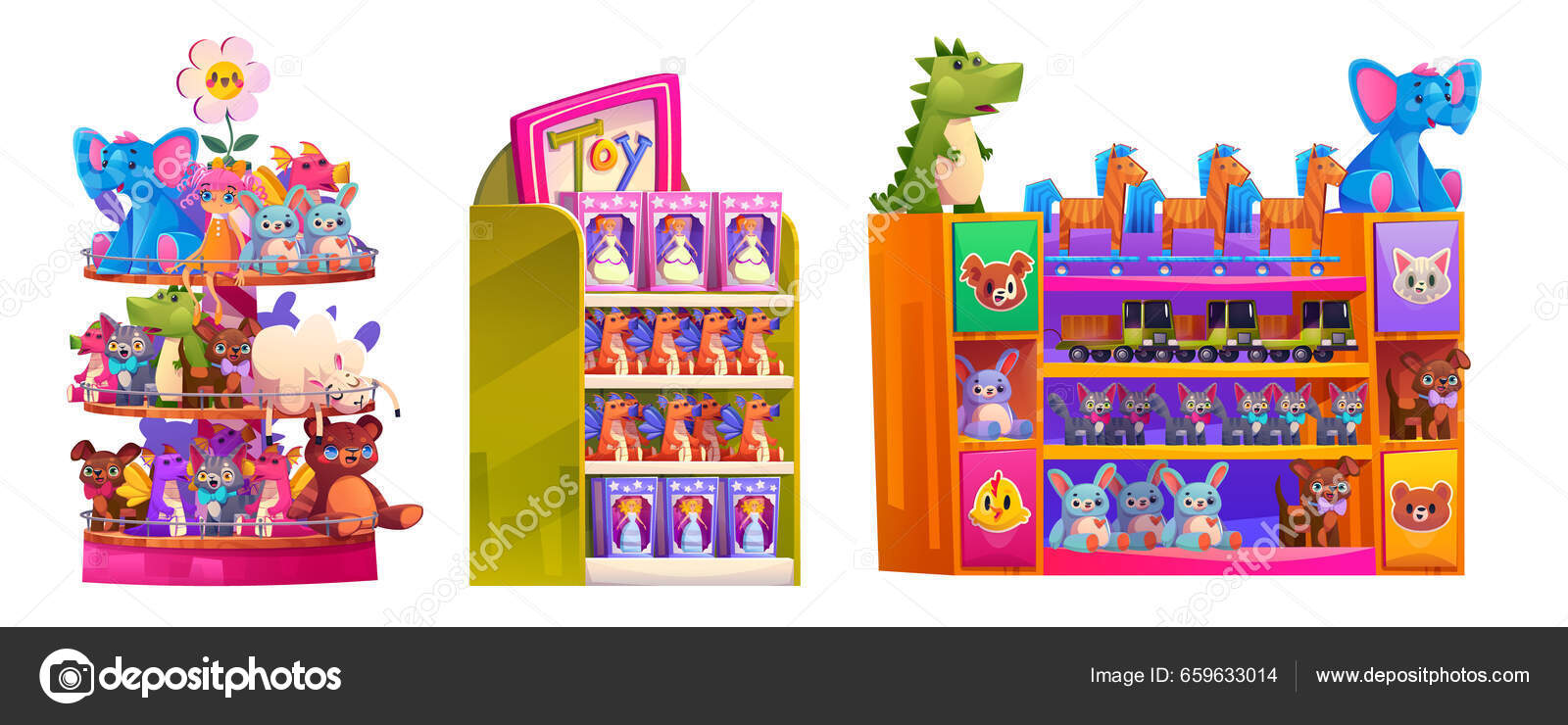 Cartoon Set Toy Shop Goods Shelves Isolated White Background Vector ...