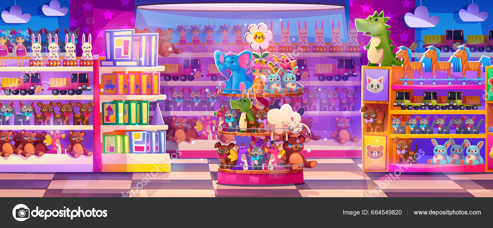 Toy Store Interior Shelves Cartoon Background Magic Vector Carousel ...