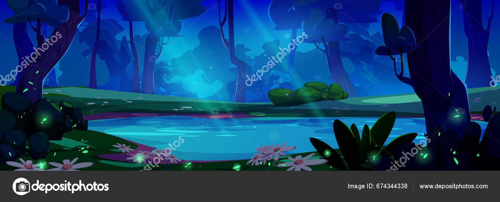 Night Forest Lake Firefly Glow Landscape Background Mysterious Garden ... Night Forest Lake Firefly Glow Landscape Background Mysterious Garden ...