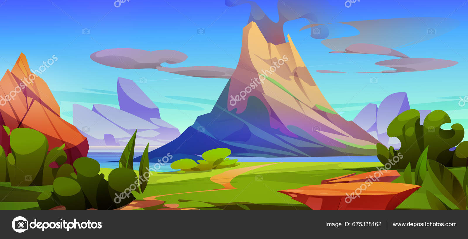 Cartoon Volcano Prehistoric Landscape Background Jurassic Mountain ...