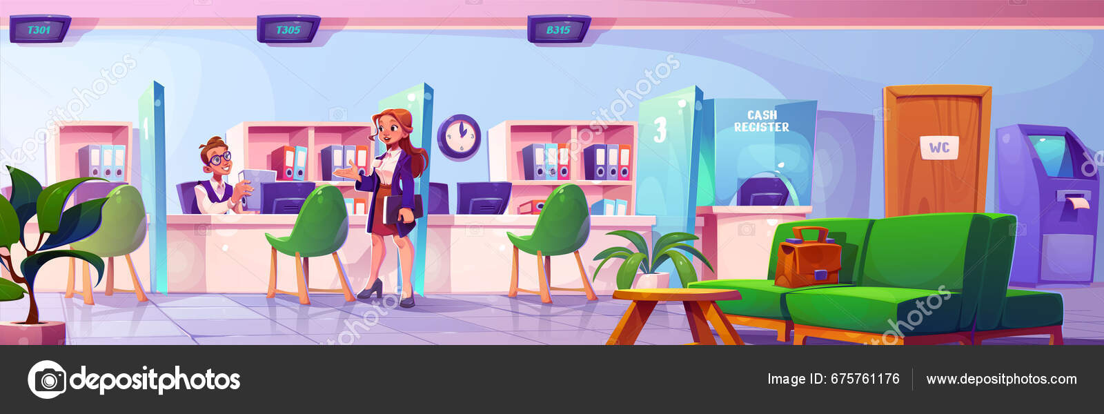 Bank Office Room Interior Counter Vector Atm Cash Service Lobby Stock ...