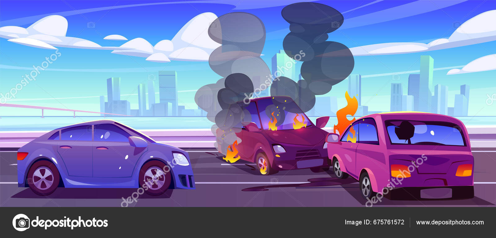 Choque Coche Carretera Contra Fondo Ciudad Dibujos Animados Vectoriales ...