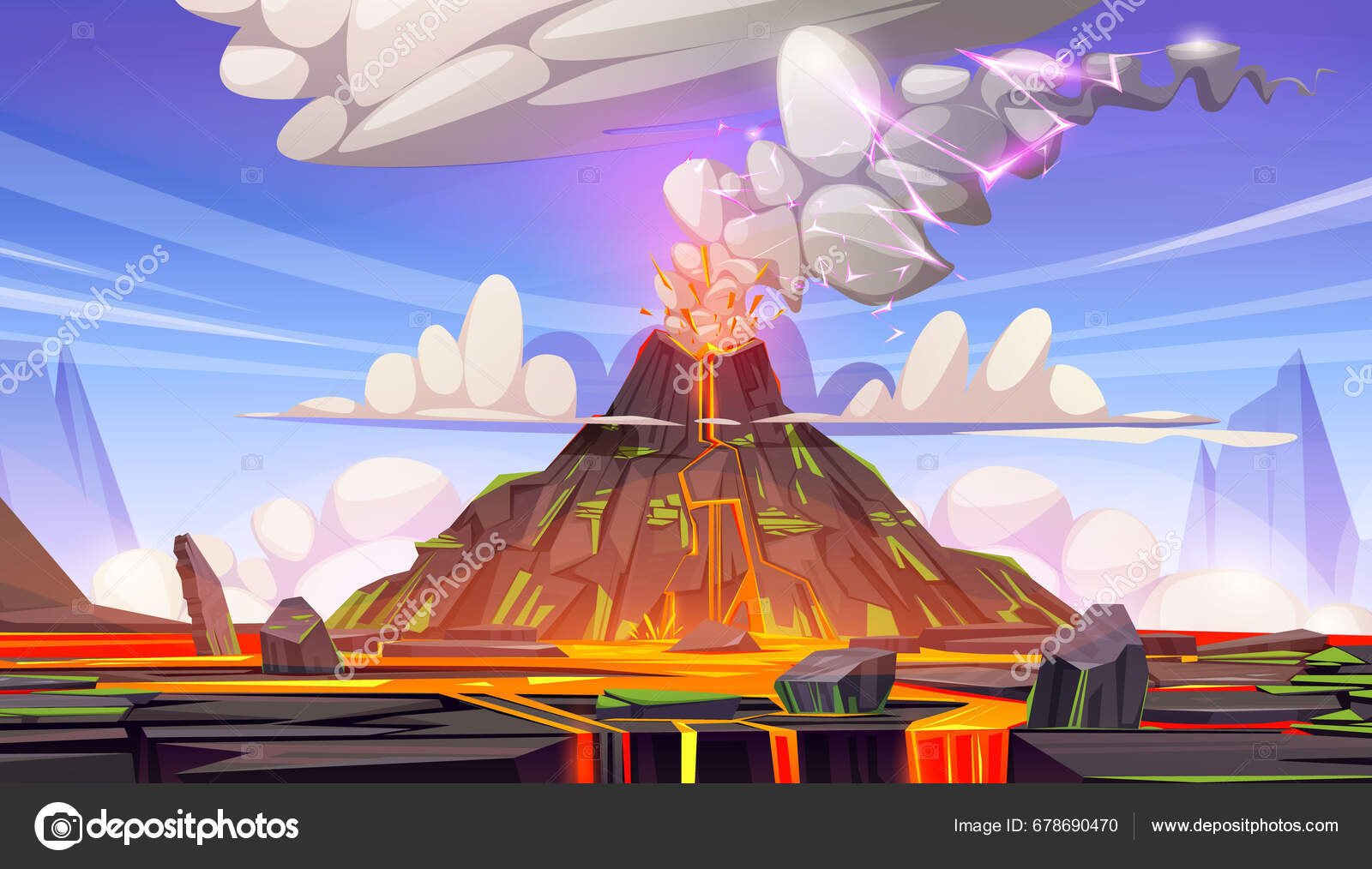 Vulkan Lava Ausbruch Cartoon Vektor Hintergrund Prähistorische Landschaft Vulkanischen Gebirges ...