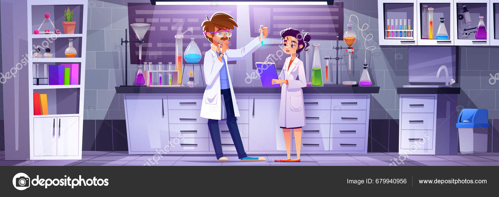 Man Woman Scientist Research Laboratory Cartoon Background Science Lab ...