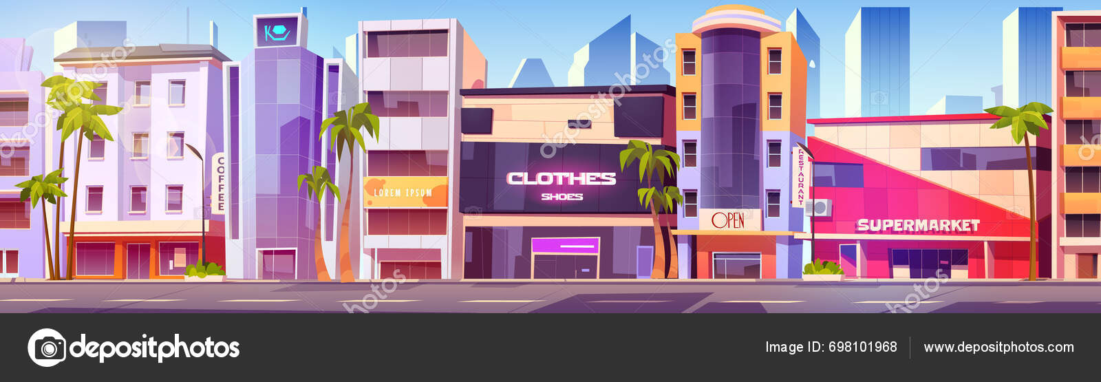 Modern City Street Shops Road Vector Cartoon Illustration Cityscape ...