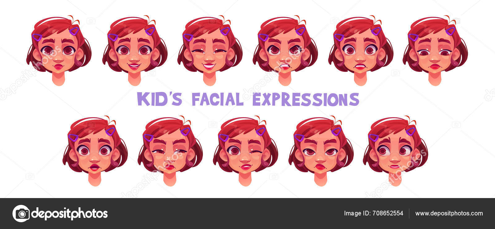 Girl Kid Facial Emotion Expression Set Happy Angry Child Character ...