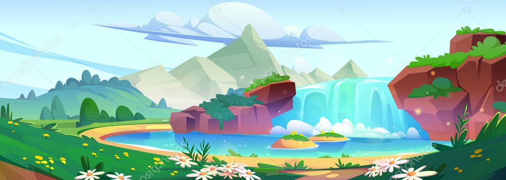 Paisaje soleado de verano o primavera con cascada en rocas de ...