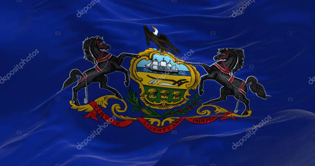 Primer plano de la bandera del estado de Pensilvania ondeando al viento ...