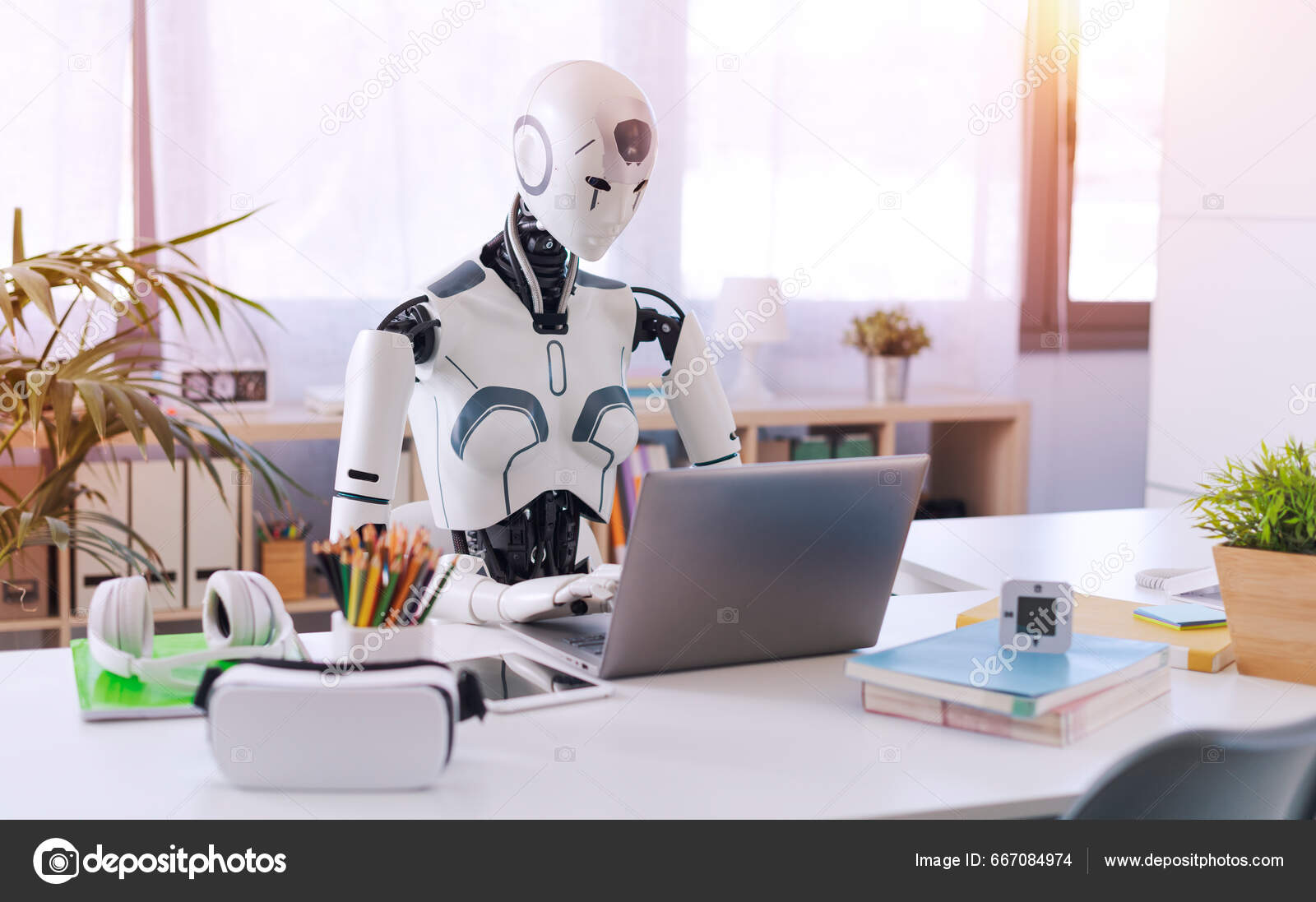 Humanoid Robot Works Office Laptop Showcasing Utility Automation ...
