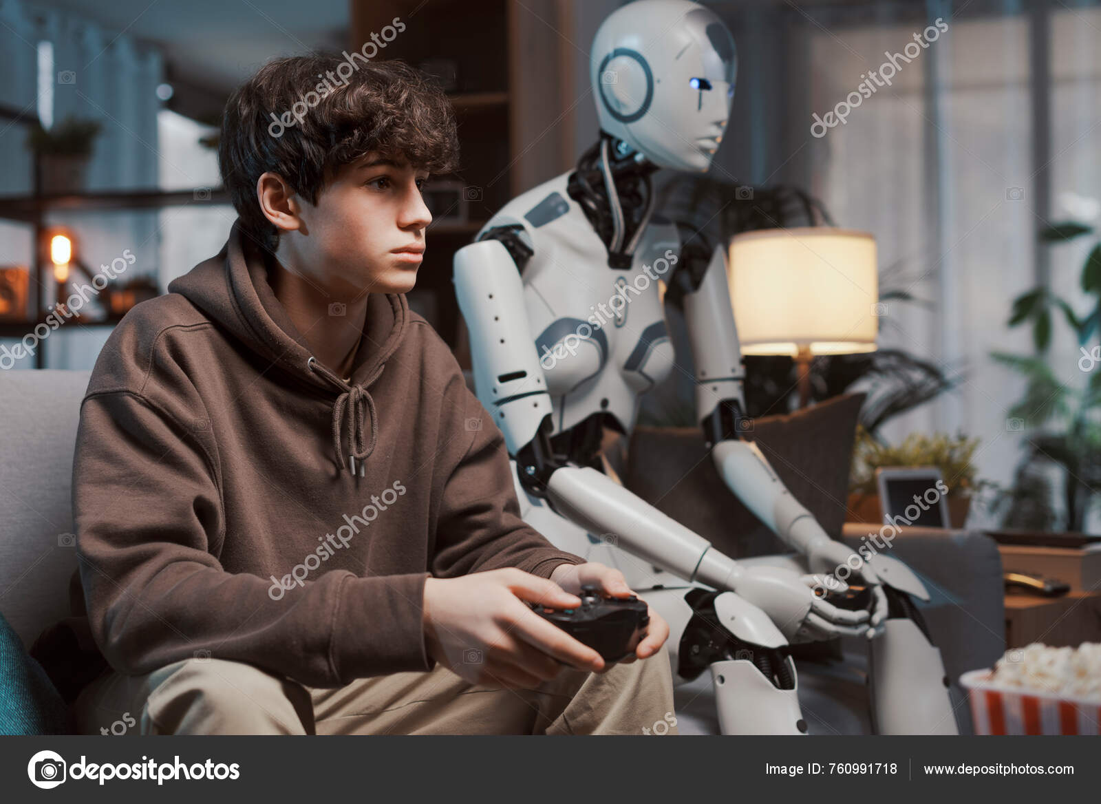 Teenage Boy Humanoid Robot Playing Video Games Together Home — Stock ...