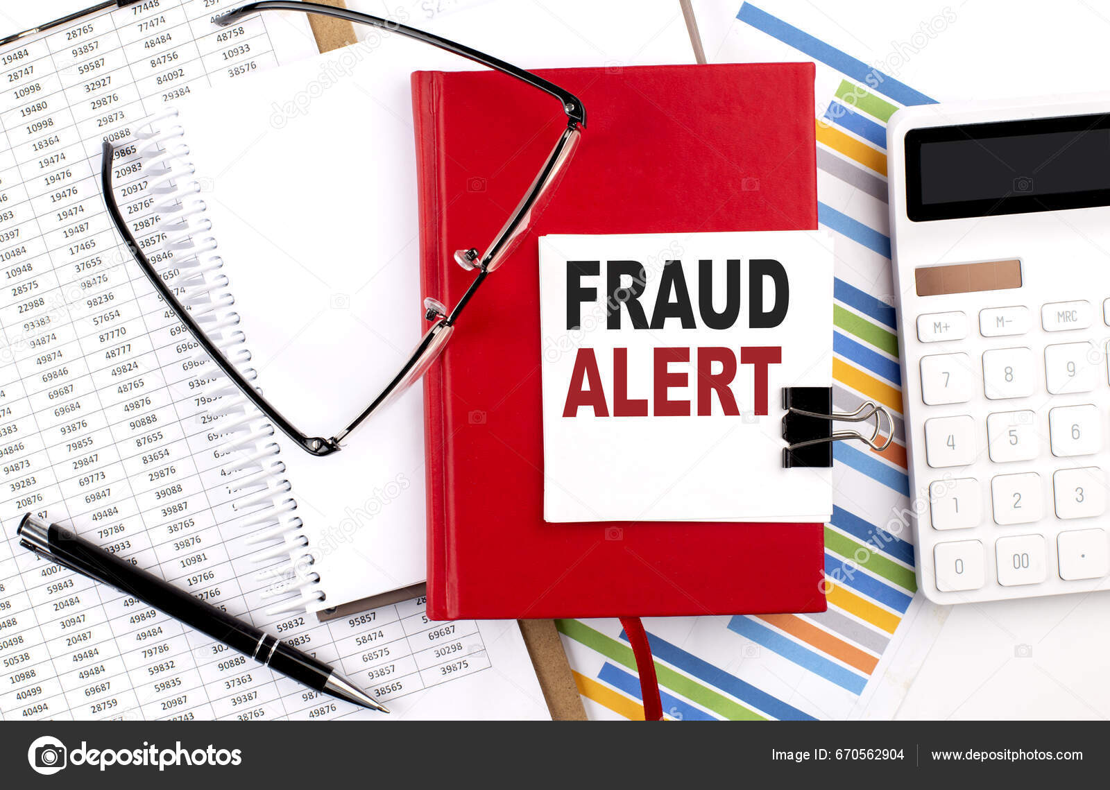 Fraud Alert Text Notebook Chart Calculator Pen — Stock Photo © Irina ...