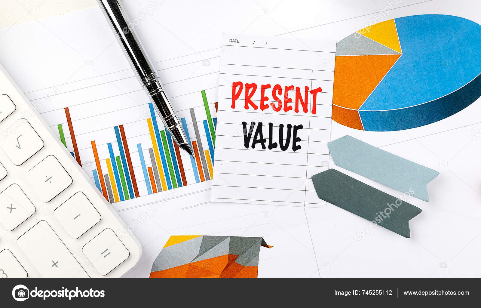 Present Value Concept Charts Calculator Office Supplies Desk — Stock ...