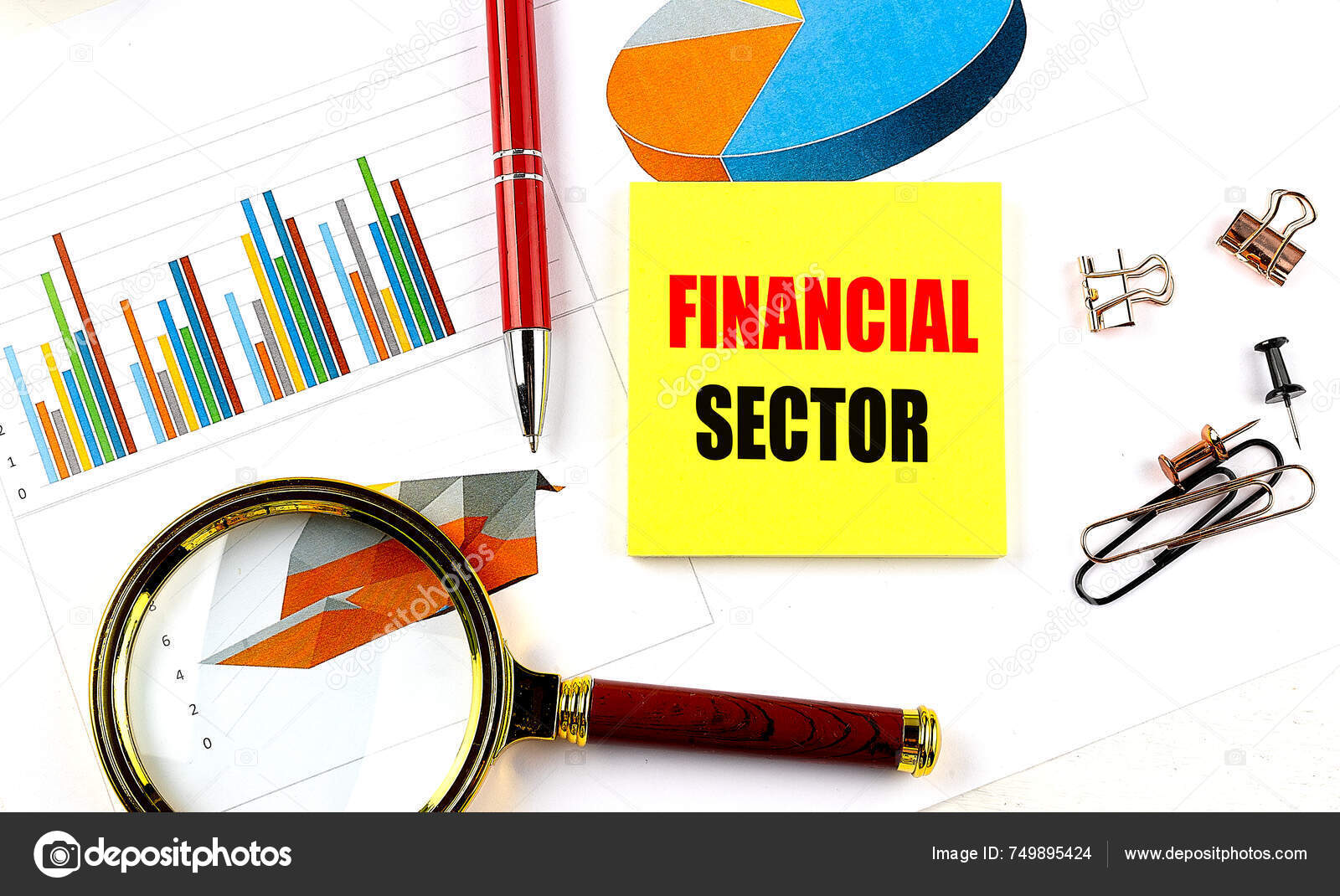 Financial Sector Text Yellow Sticky Note Charts Magnifying Glass Office ...