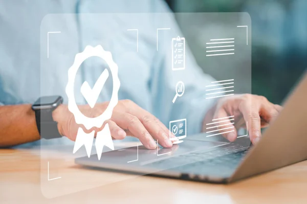 Businessman working with sign of the top service Quality assurance ...