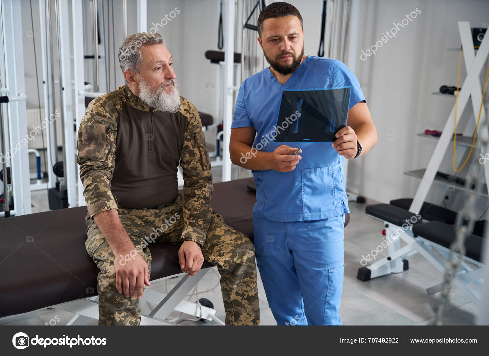 Two Bearded Men Gym Looking Rays Modern Equipment Room — Stock Photo ...