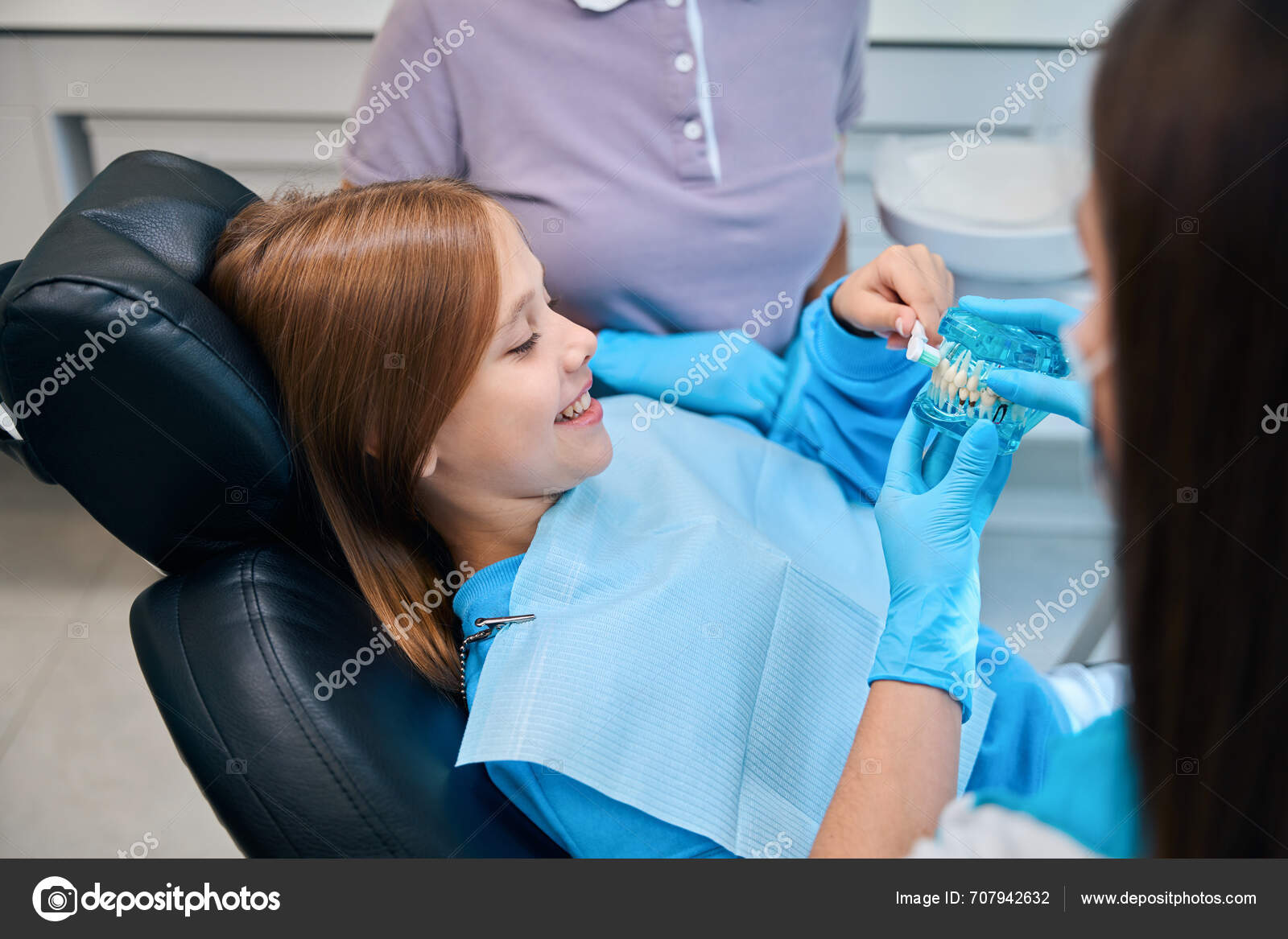 Girl Holds Model Dentition Toothbrush Her Hands She Appointment ...