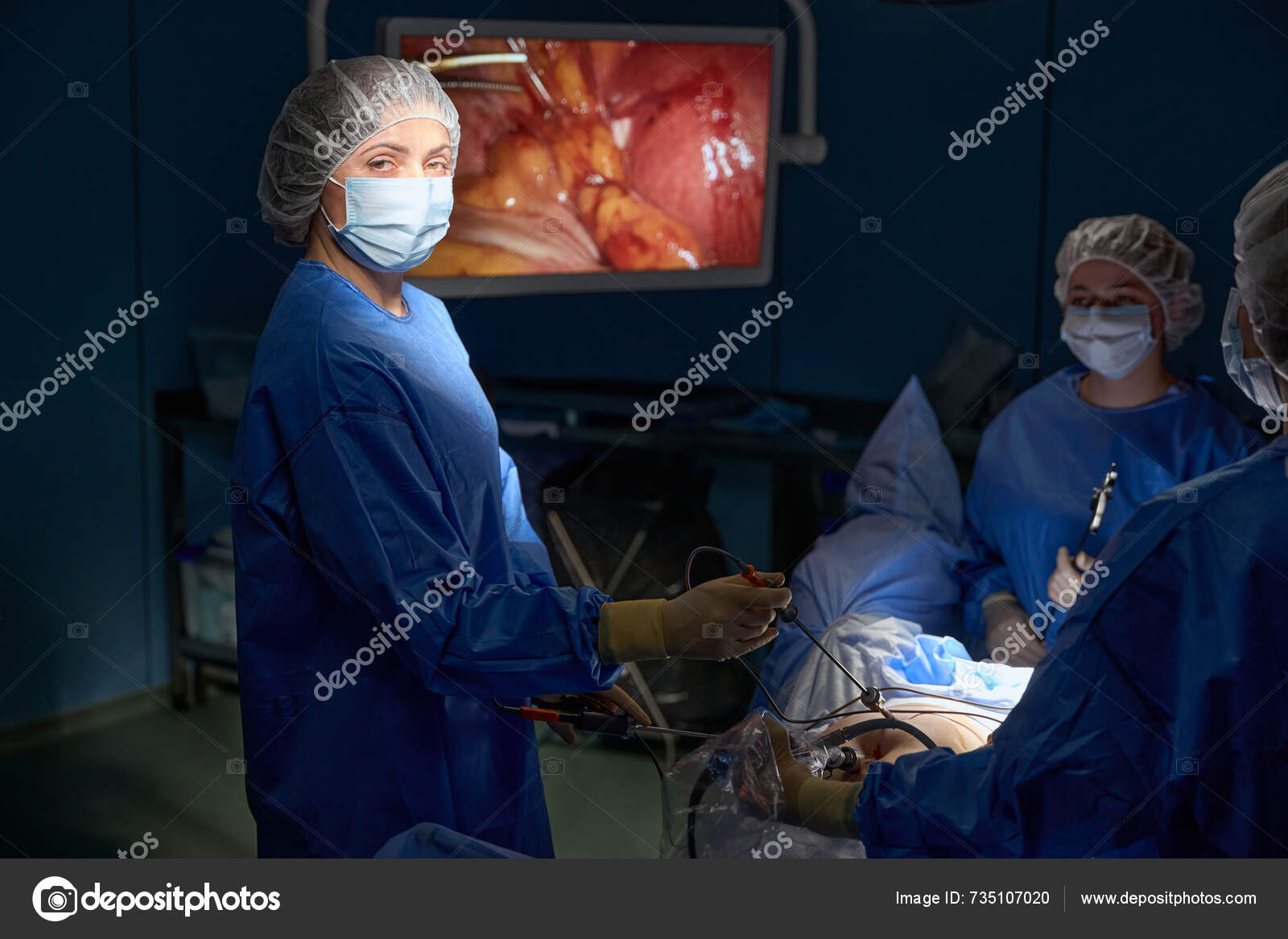 Female Surgeons Protective Uniform Doing Laparoscopic Surgery Big ...