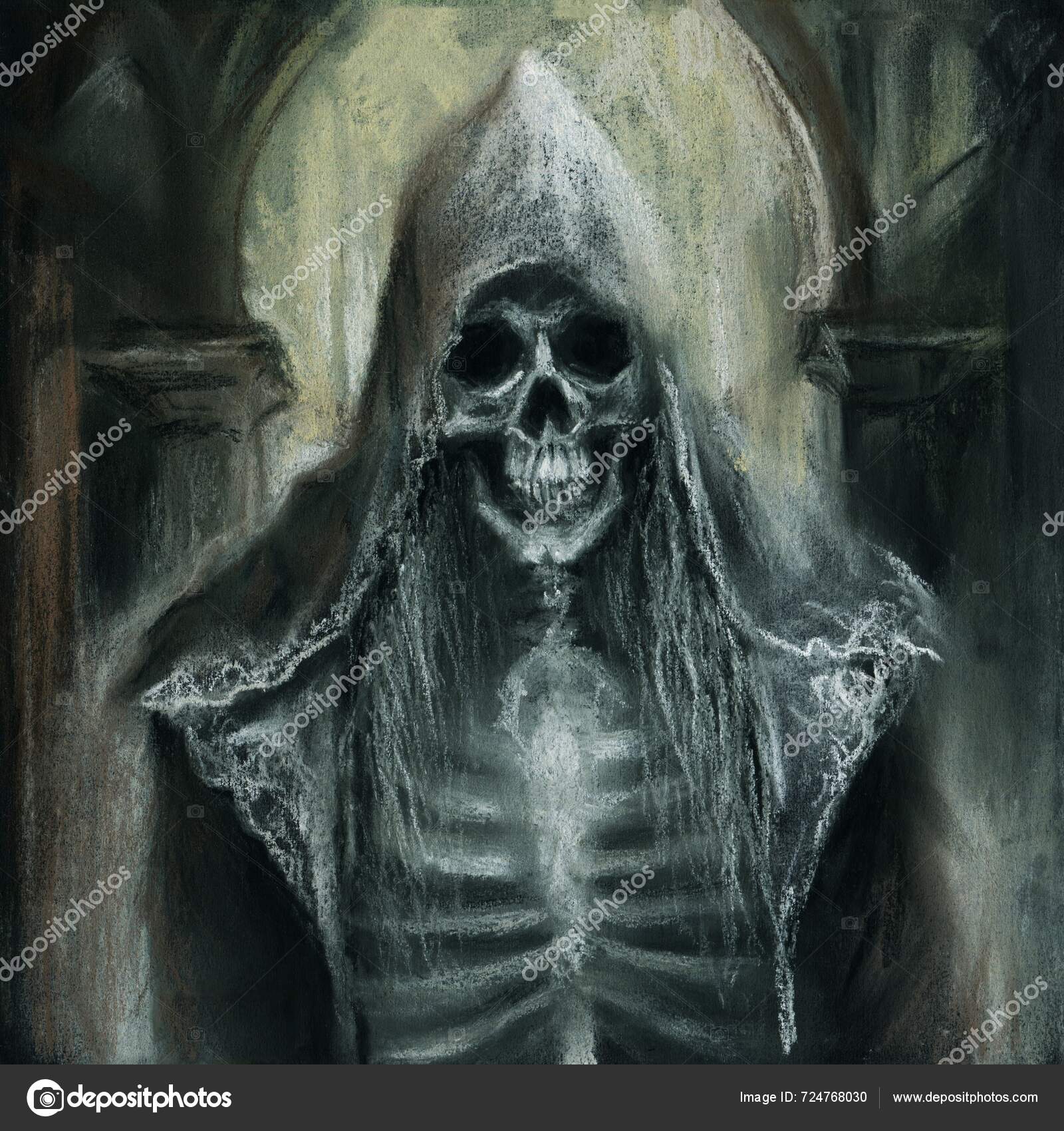 Artwork Portrays Skeletal Woman Drooping Gray Hair Standing Silently ...