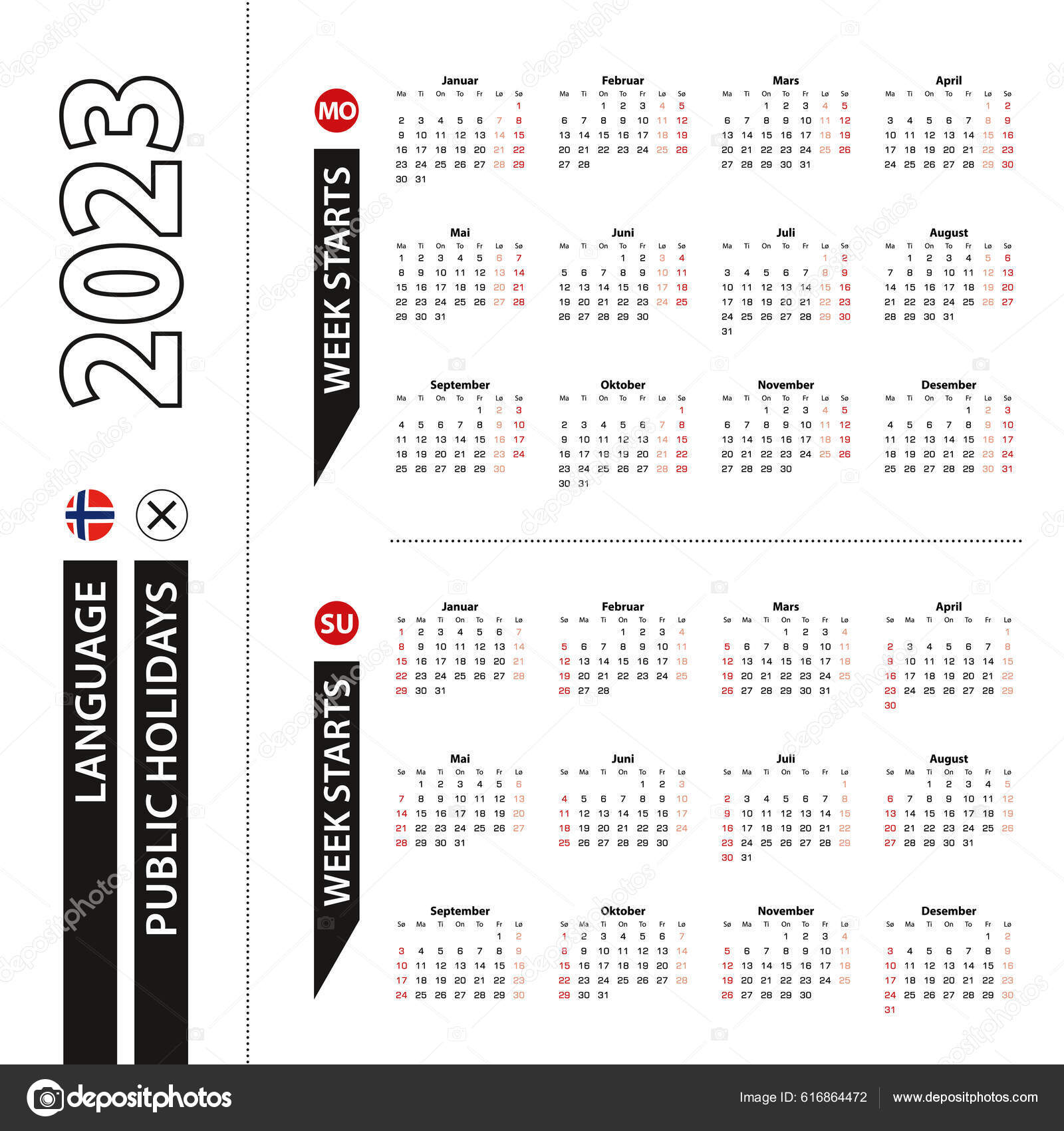 Dua Versi 2023 Kalender Norwegia Minggu Dimulai Dari Hari Senin Vektor ...