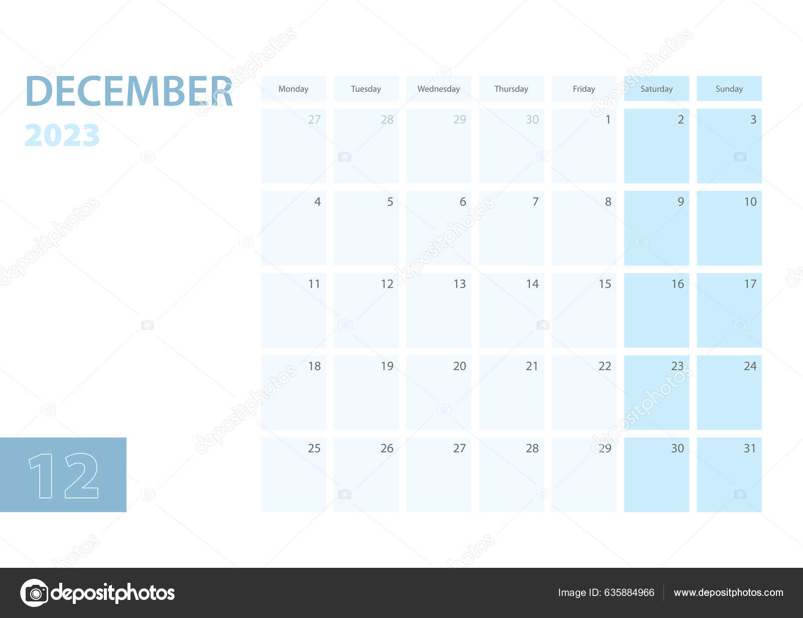 Calendar Template December 2023 Week Starts Monday Calendar Blue Color ...