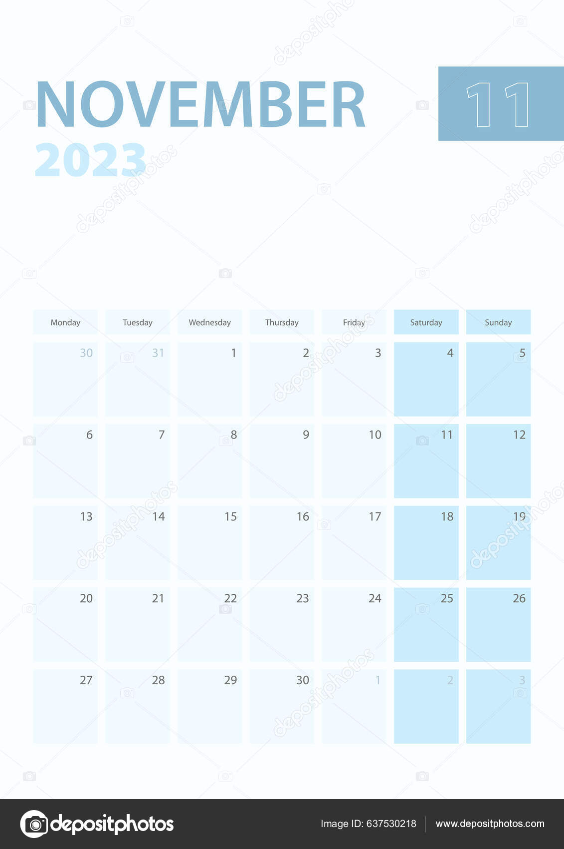 Vertical Calendar Page November 2023 Week Starts Monday vetor(es) de ...