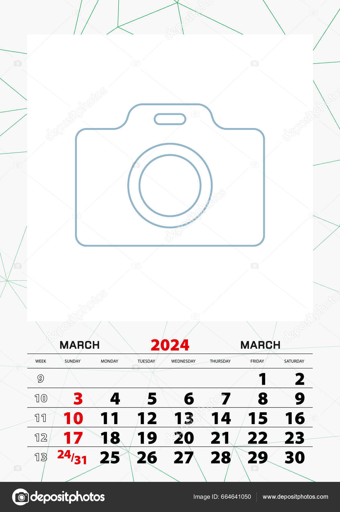 Шаблон Планировщика Календаря Март 2024 Года Неделя Начинается