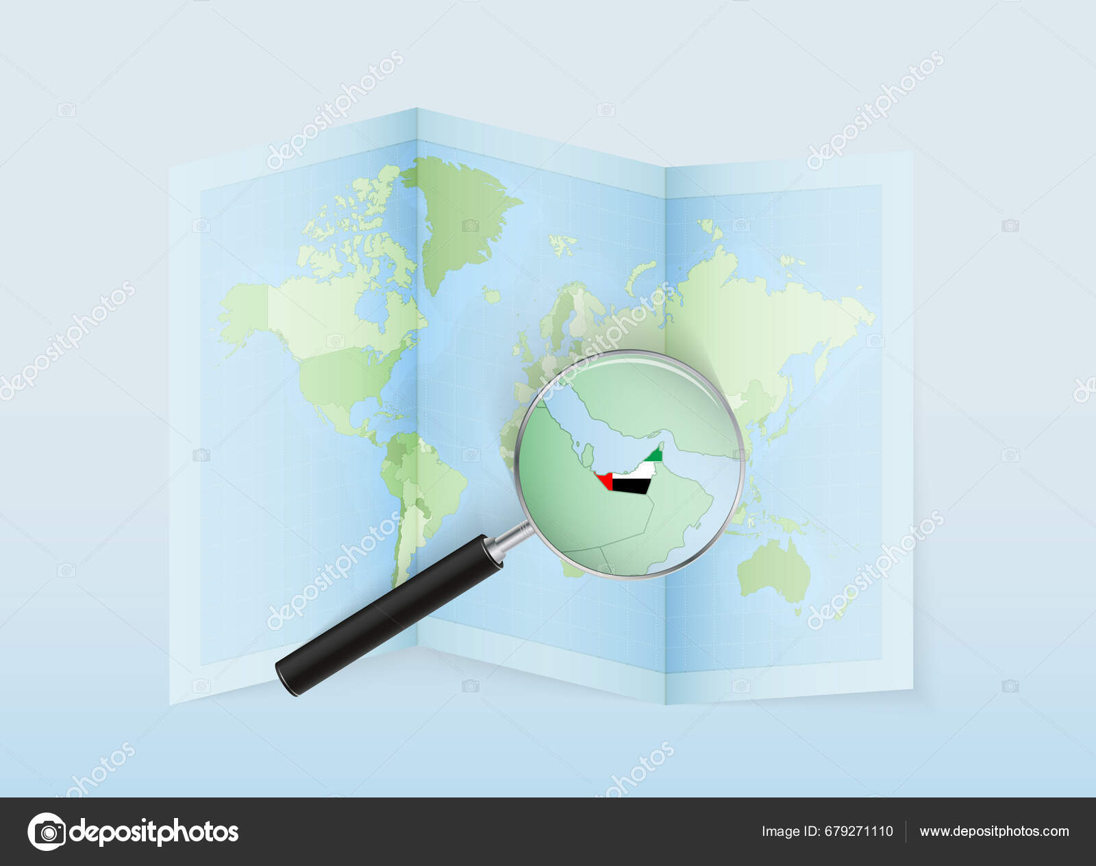 Mapa Del Mundo Plegado Con Una Lupa Apuntando Hacia Los Vector de stock ...