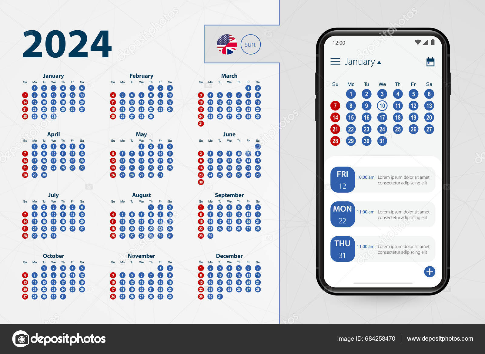 Akıllı Telefon Için Takvim Uygulaması Vektör Takvimi 2024 Haftadan ...