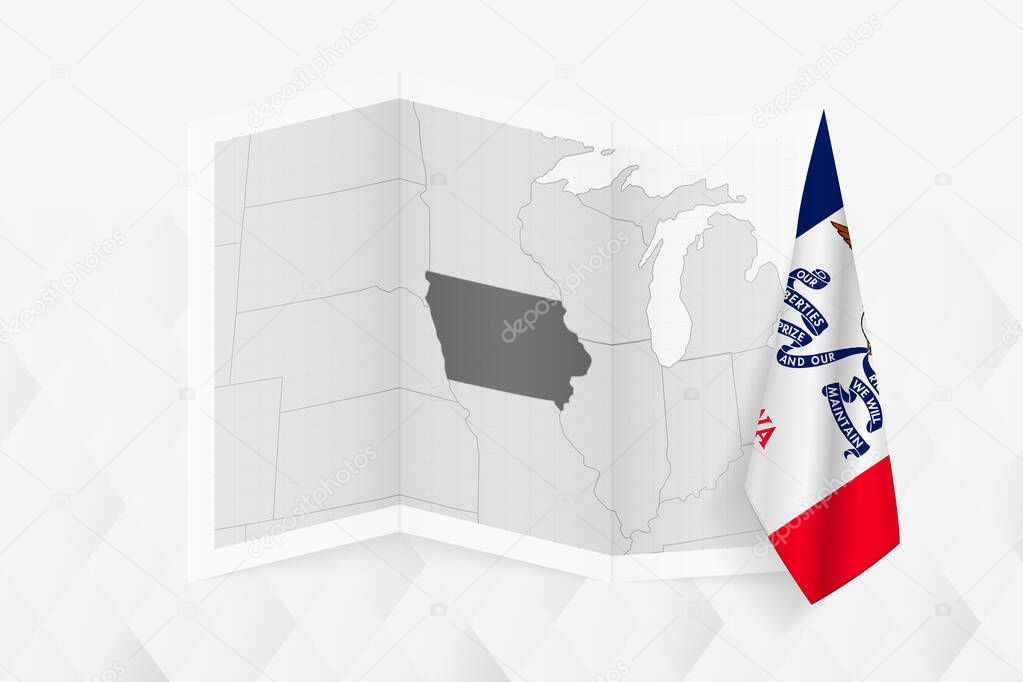 Un mapa a escala de grises de Iowa con una bandera de Iowa colgada en ...