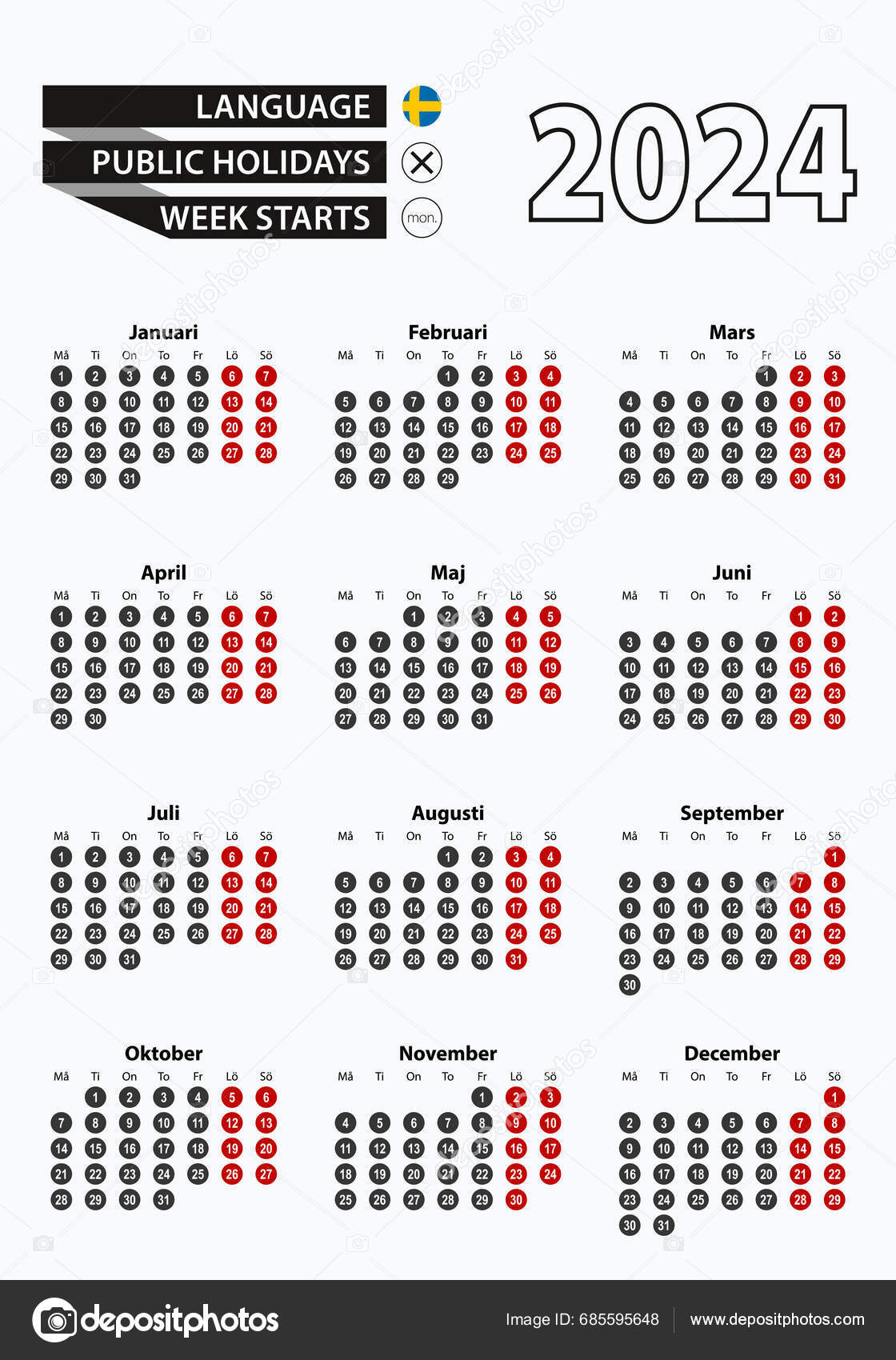 Kalender Templat Vektor 2024 Dengan Nomor Dalam Lingkaran Kalender ...