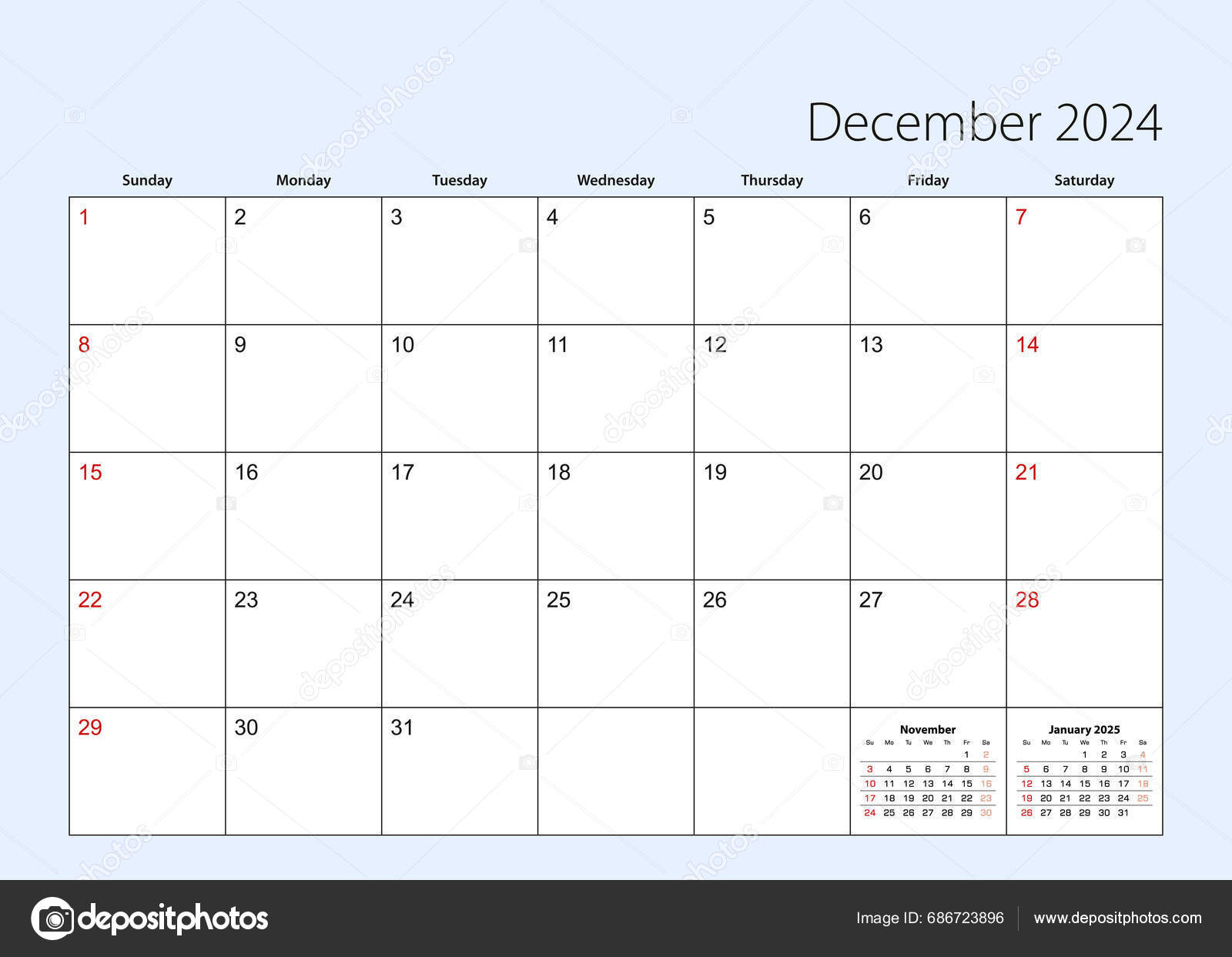 2024年12月的挂历计划 星期从星期日开始 图库矢量图©boldg 686723896