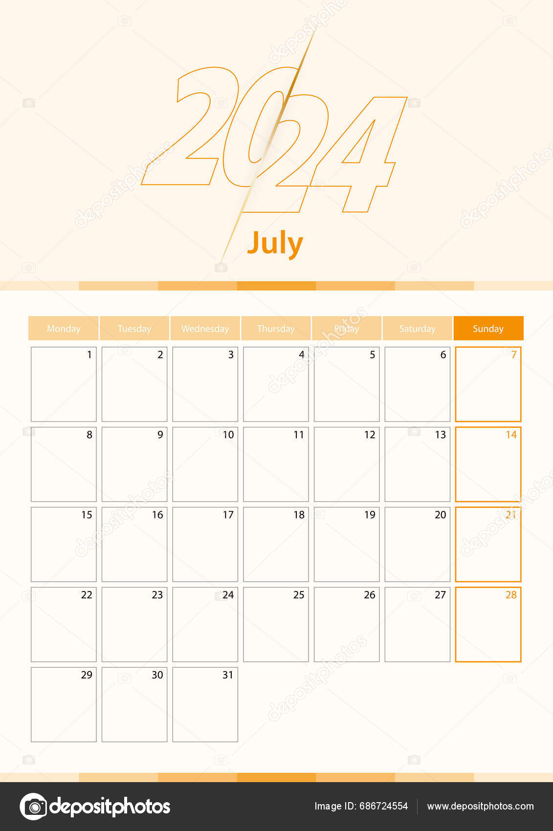 Modern Vector Vertical Calendar Sheet July 2024 Planner English Stock ...