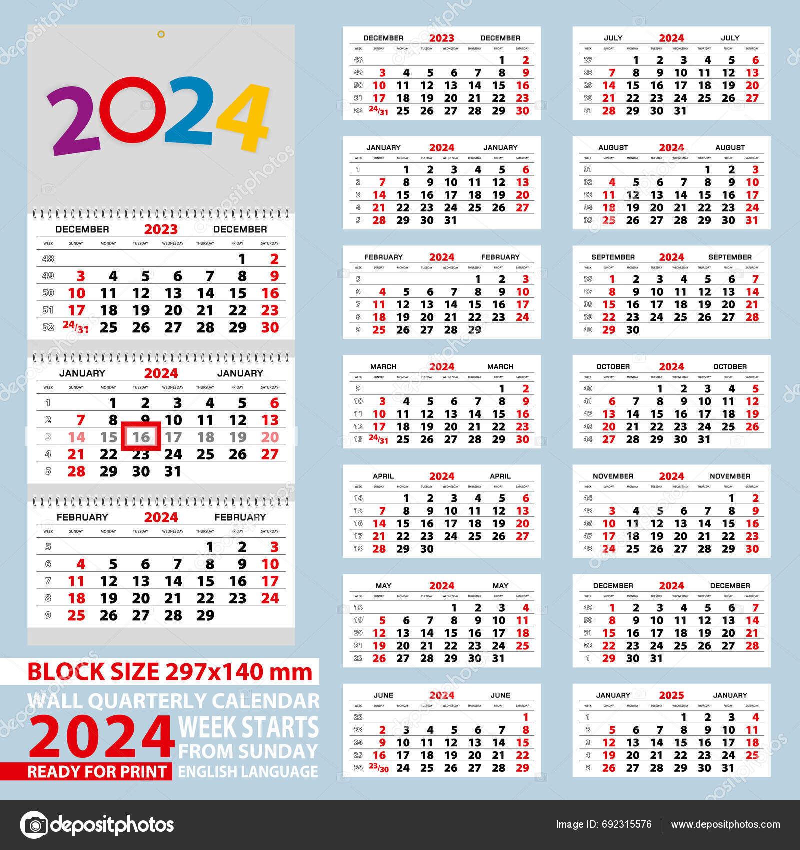 Wall Calendar 2024 Week Start Sunday Size Stock Vector by ©boldg 692315576