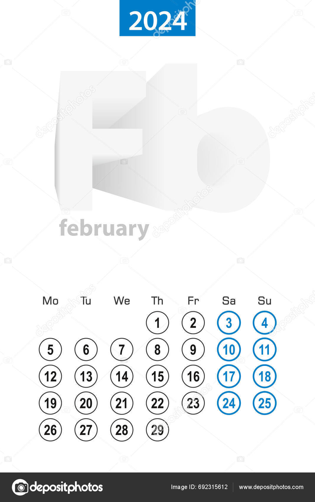 Kalender Untuk Februari 2024 Desain Lingkaran Biru Bahasa Inggris ...