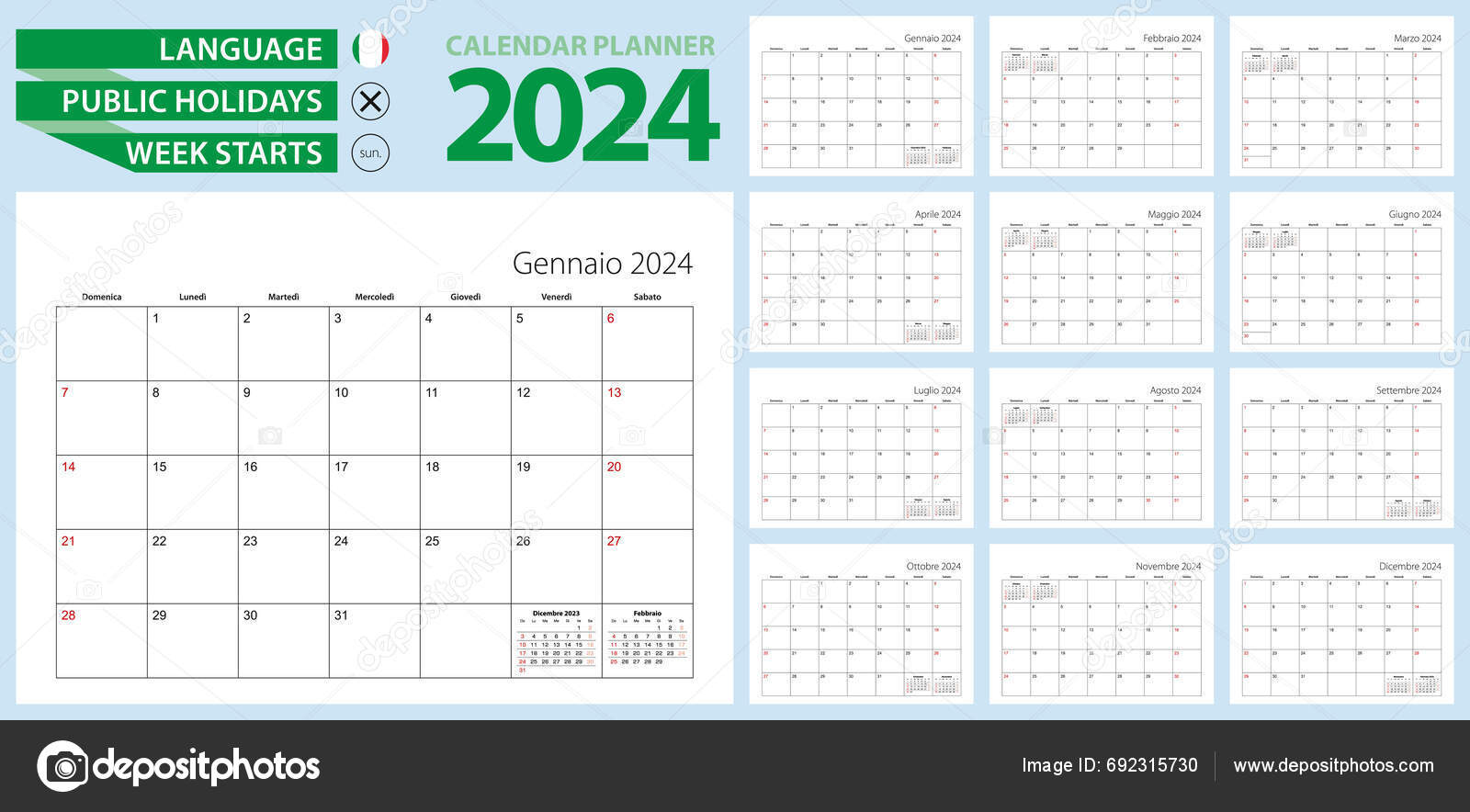 Italian Calendar Planner 2024 Italian Language Week Starts Sunday Stock ...