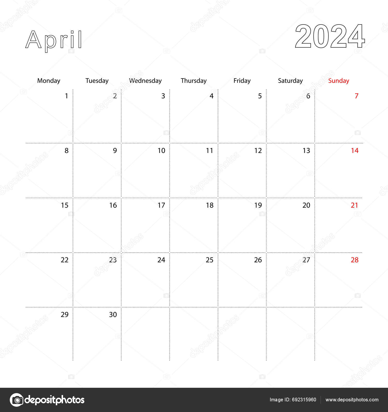 Simple Wall Calendar April 2024 Dotted Lines Calendar English Week ...