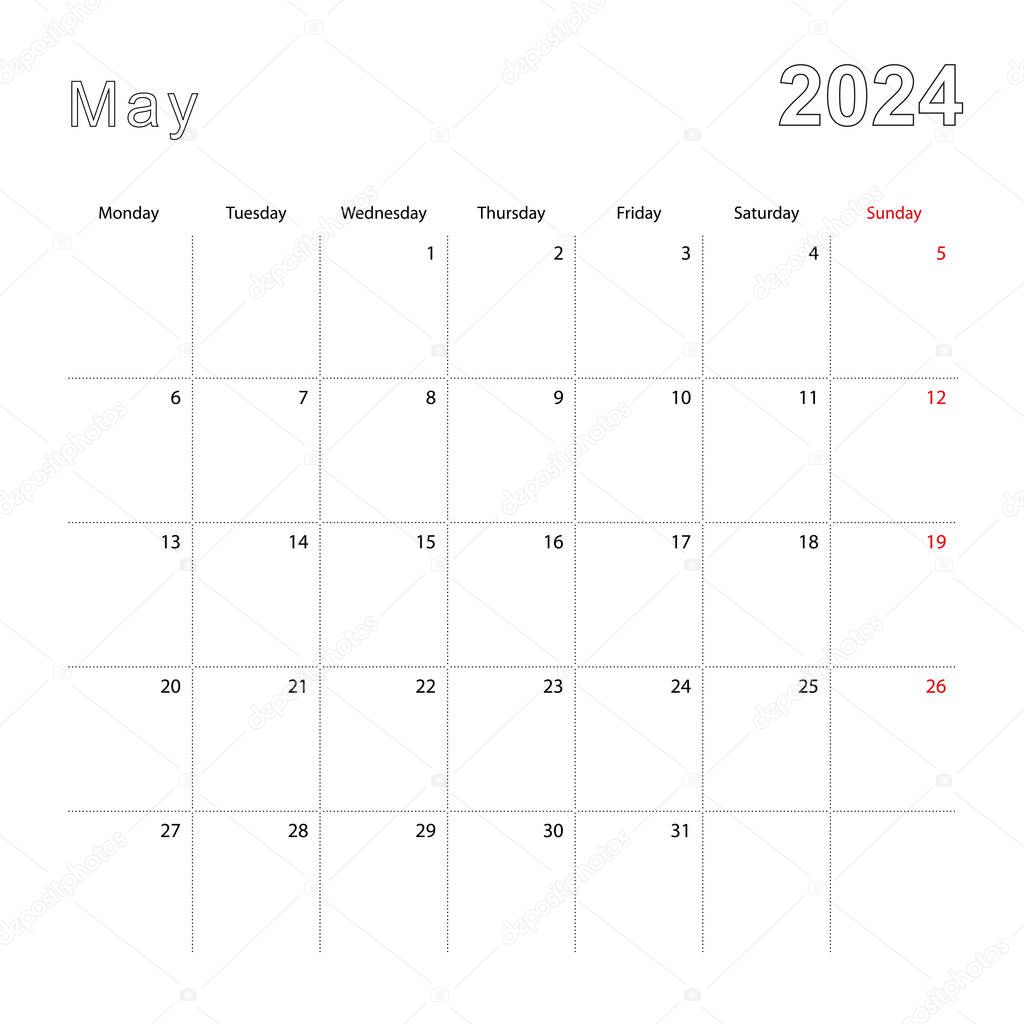 Calendario de pared simple para mayo de 2024 con líneas de puntos. El ...