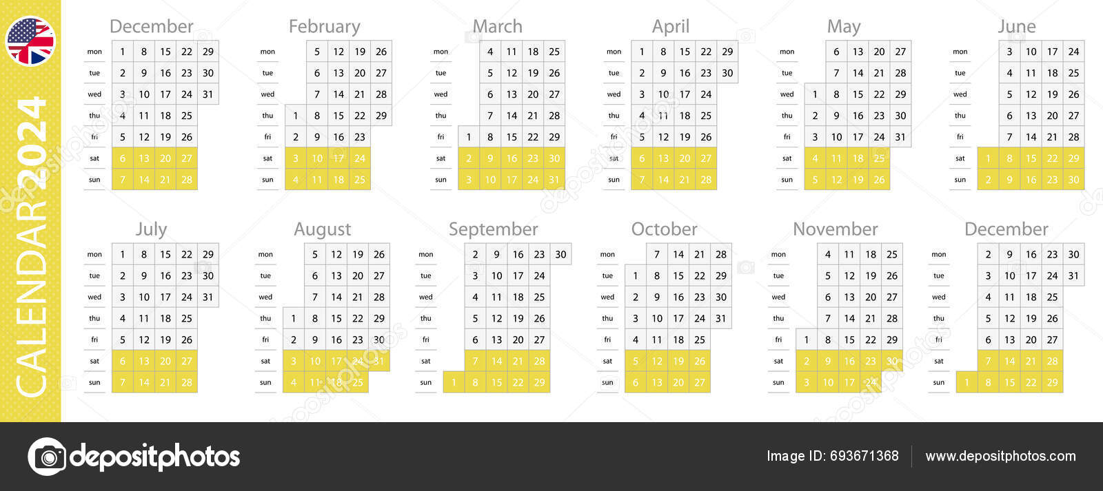 Calendar Template 2024 Year Vertical Grid Design Stock Vector by ©boldg ...